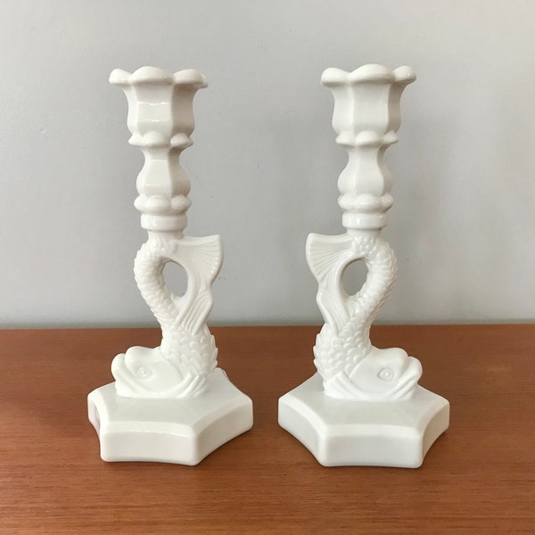 Milk Glass Dolphin Candlesticks - Etsy