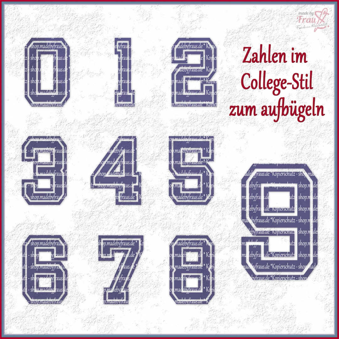 Bügelbild * Zahl im College Stil - verschiedene Farben und Größen zum ...
