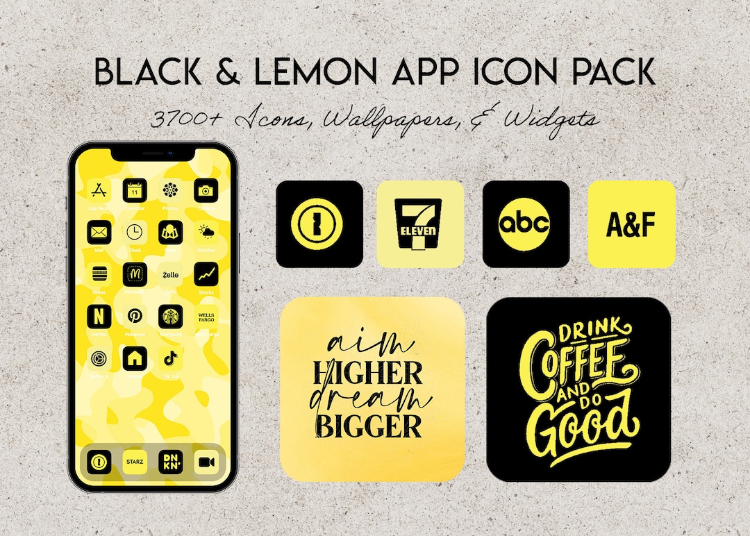 Black & Lemon Yellow Phone App Icon Pack for Ios App Icon - Etsy