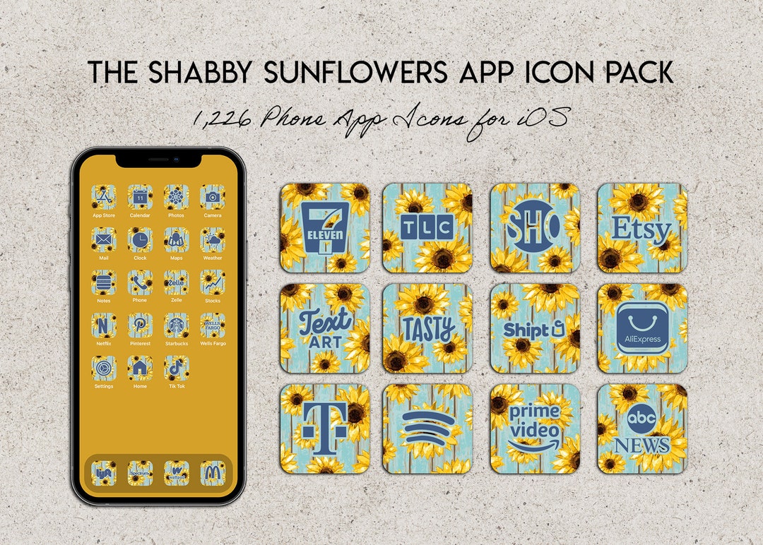 Shabby Sunflowers Phone App Icon Pack for Ios App Icon Pack, Yellow ...