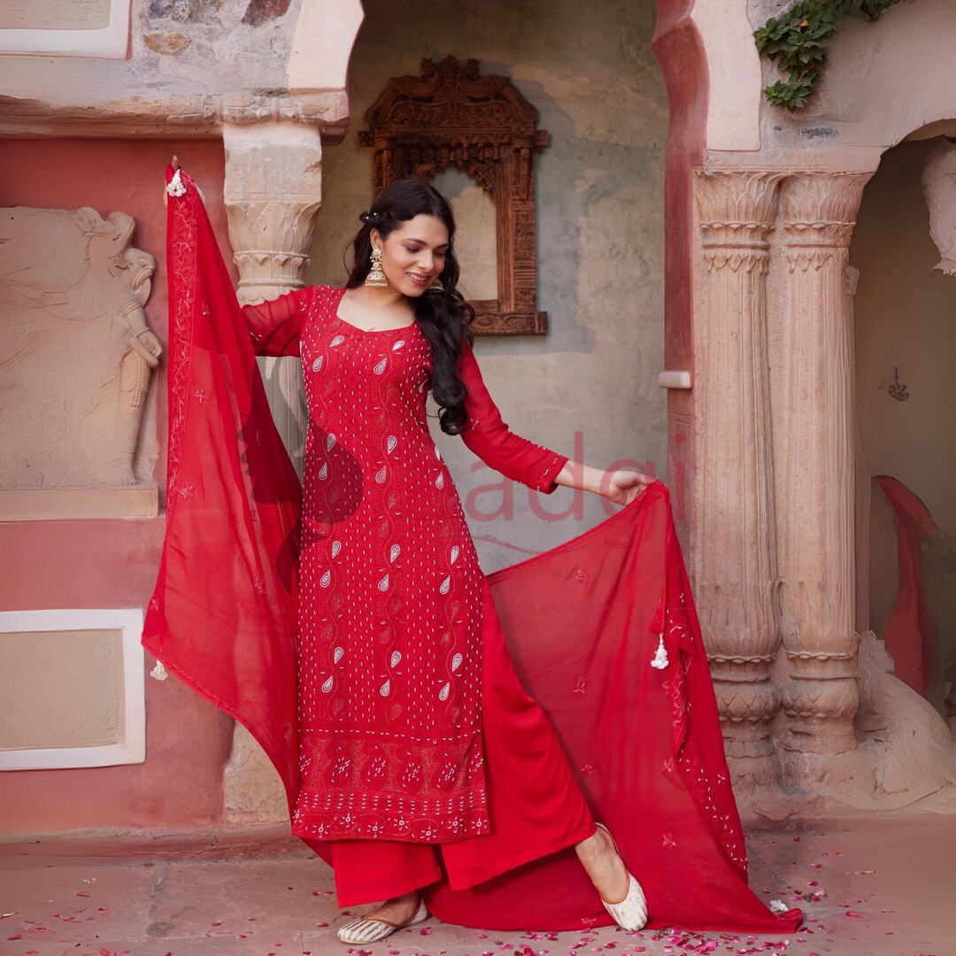 Saadgi Chikankari Full Suit Set | Georgette Bridal Kurta Palazzo ...