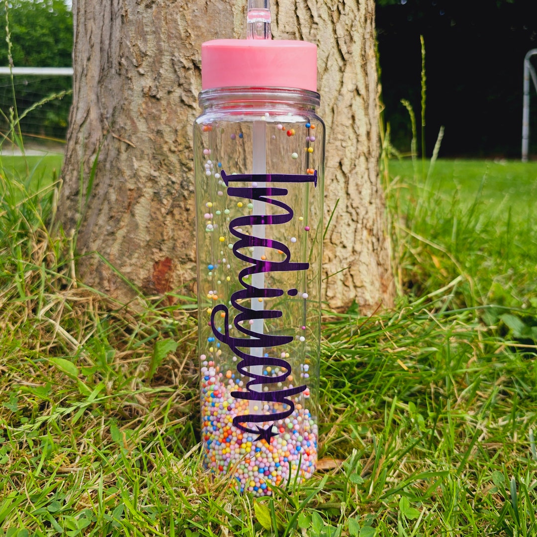 Personalised Confetti Water Bottle, Pom Pom Bottle, Pink Drinks Bottle ...