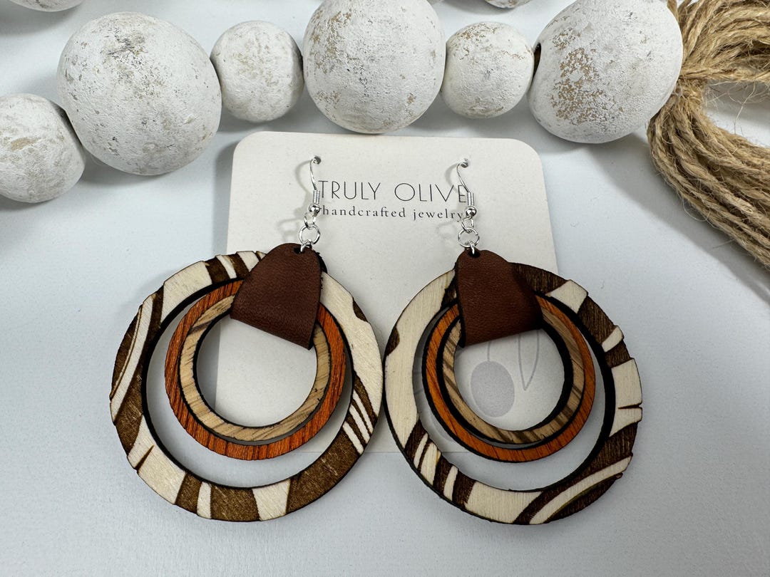 Nested Wood Hoop Earrings: Leather Accent, Lightweight Design - Etsy