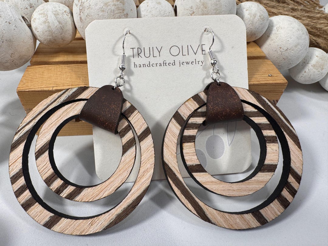 Handmade Leather Strap Wooden Hoop Earrings: Lightweight Eco-friendly ...