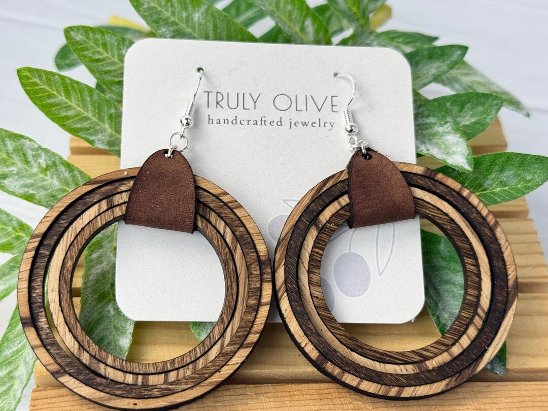 Nested Zebra & Walnut Wood Hoop Earrings: Boho Leather Dangles - Etsy