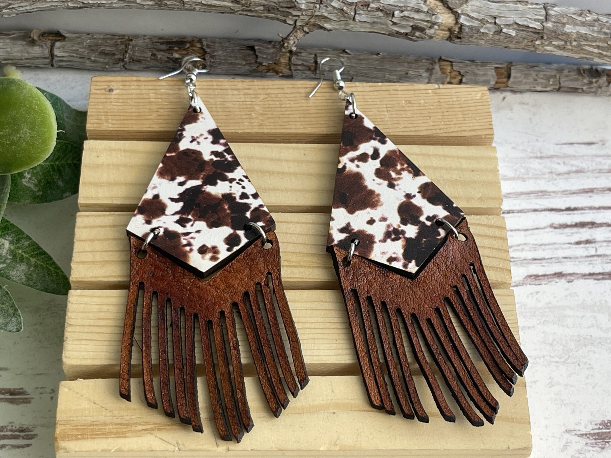 Leather and Wood Earrings Cow Print Earring Dangles Farm Animal ...