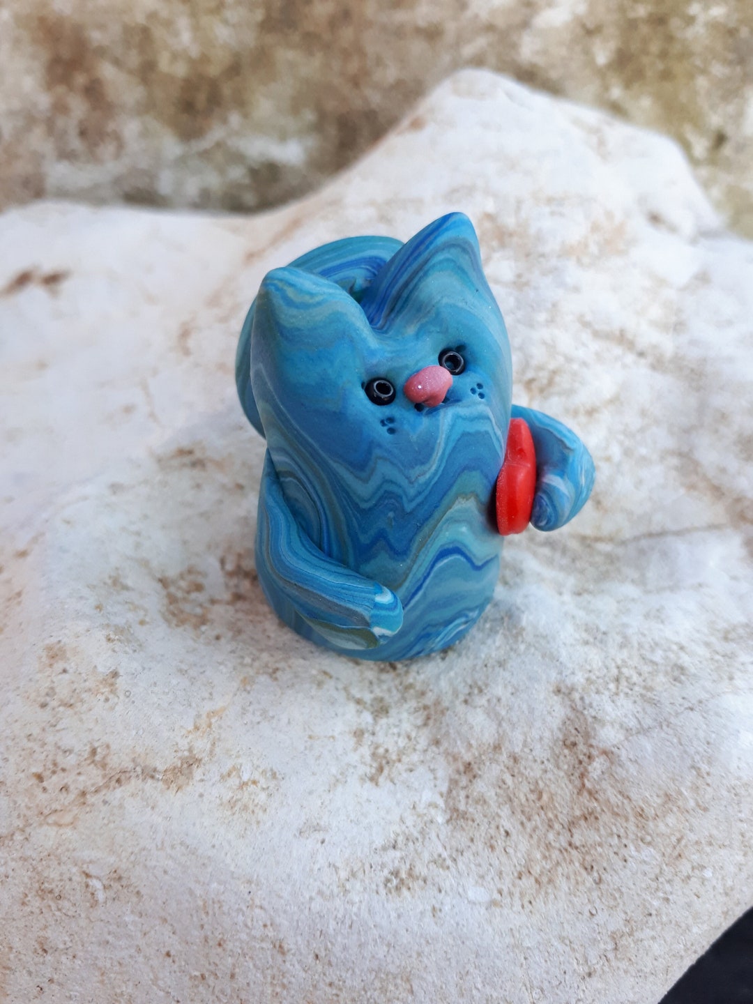 Blue Cat Handmade Clay Figurine Desk Pet Mini Companion Little Friend ...