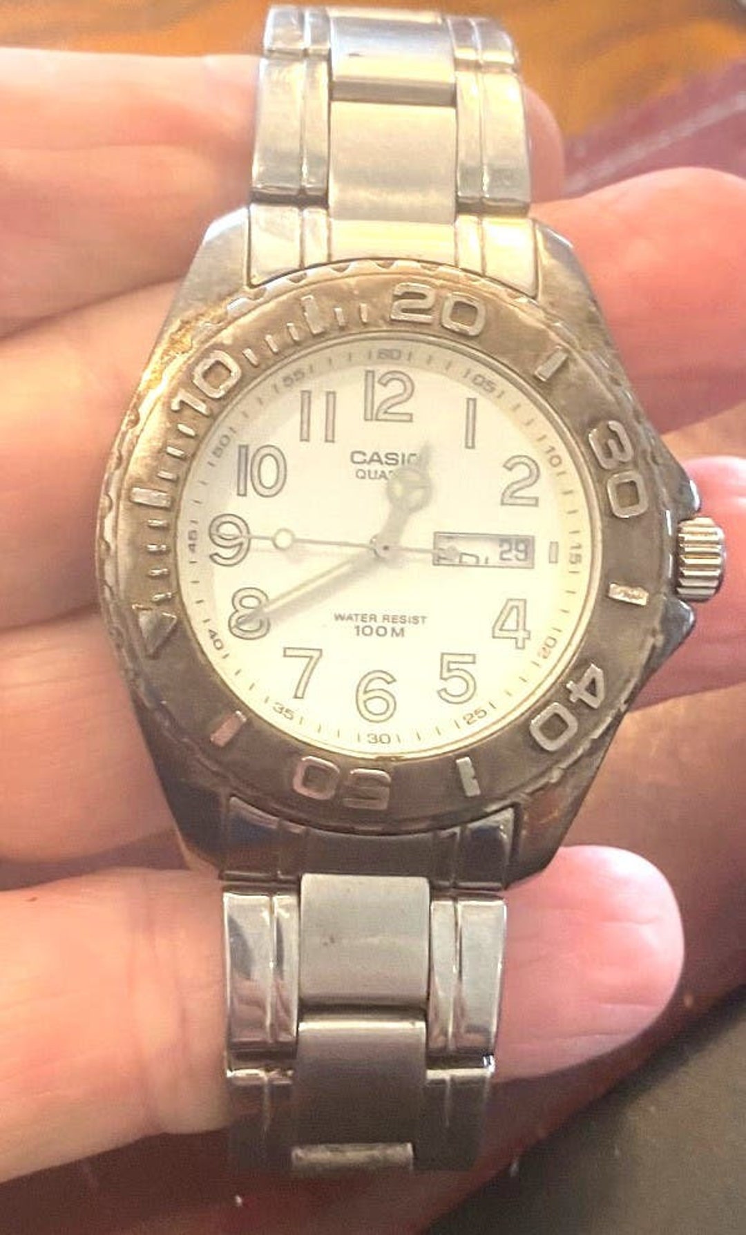 Men's 40mm Silver Tone Casio Watch, Brass Bezel, WR 100M, Day/date ...