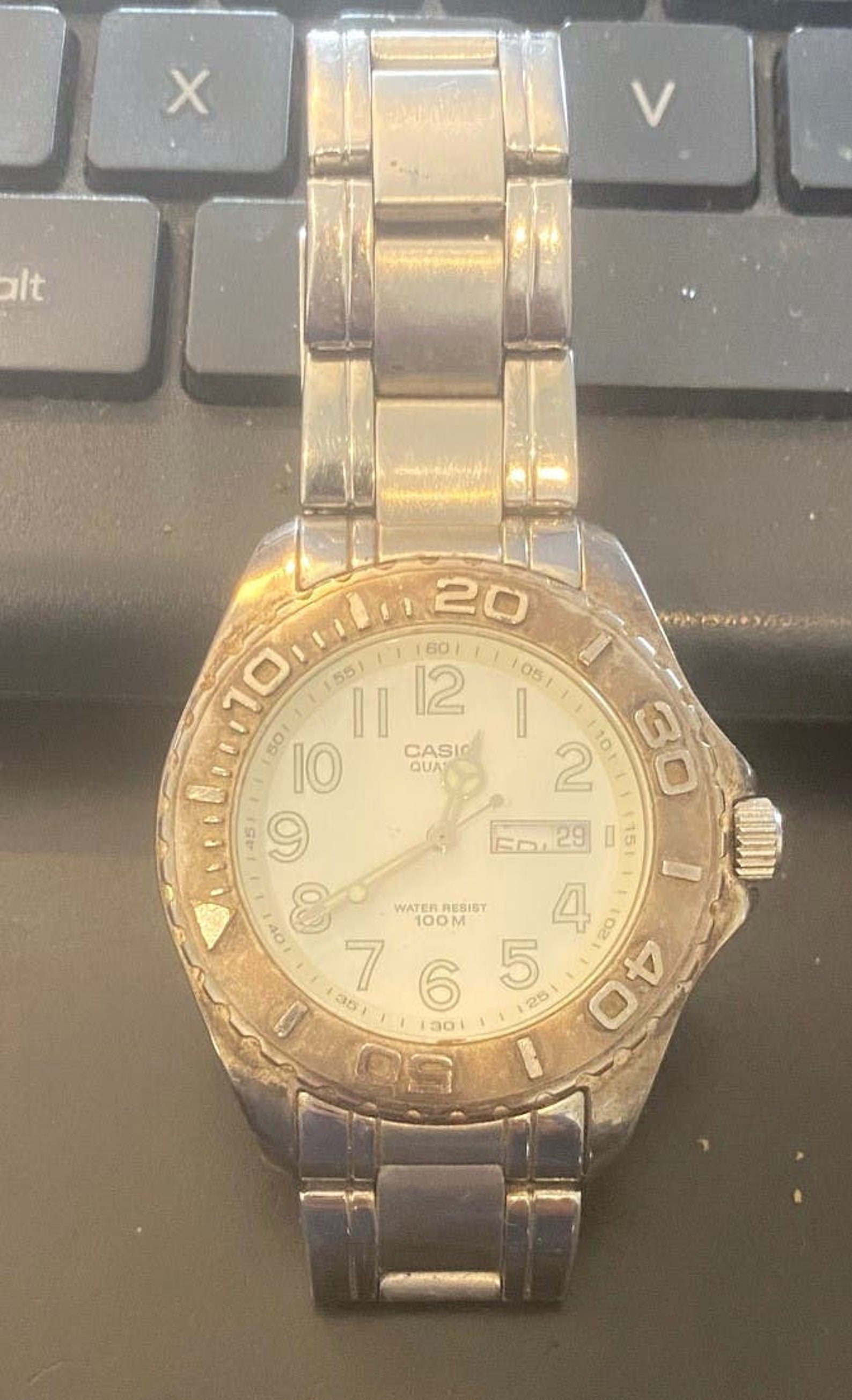 Men's 40mm Silver Tone Casio Watch, Brass Bezel, WR 100M, Day/date ...