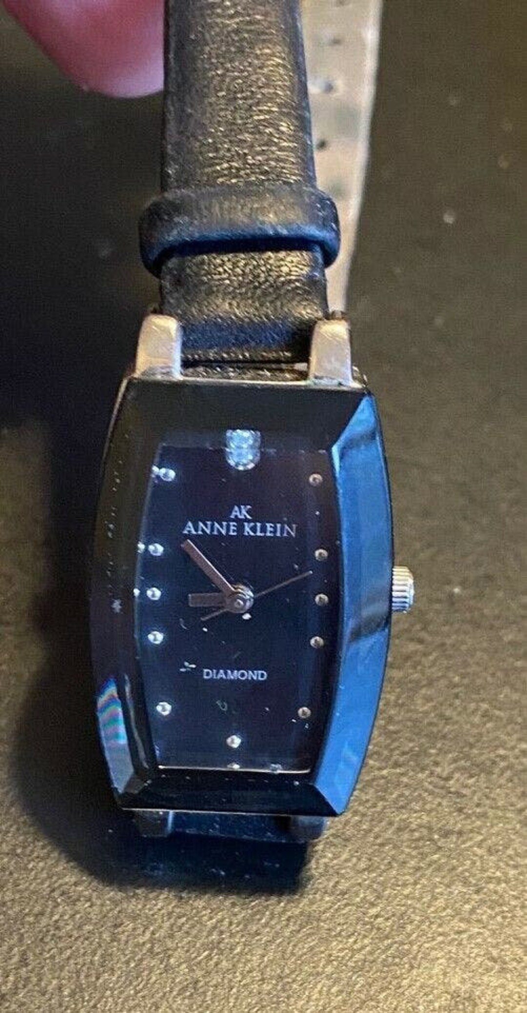 Women's Anne Klein Diamond Watch, Silver Tone With Black Bezel, Leather ...