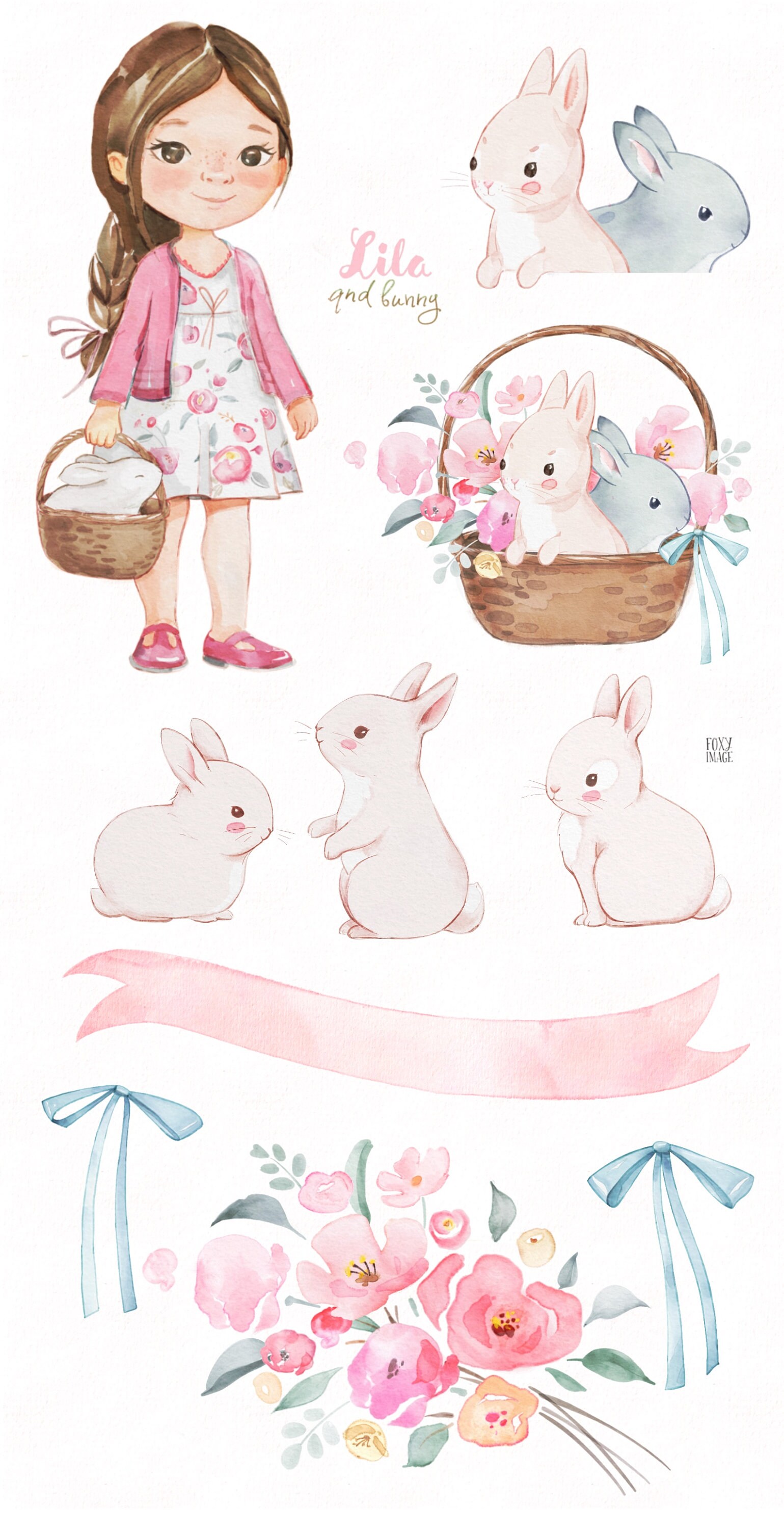 Watercolor Little Girl, Lila & Bunny Pastel Clipart, Girl, Rabbit PNG ...