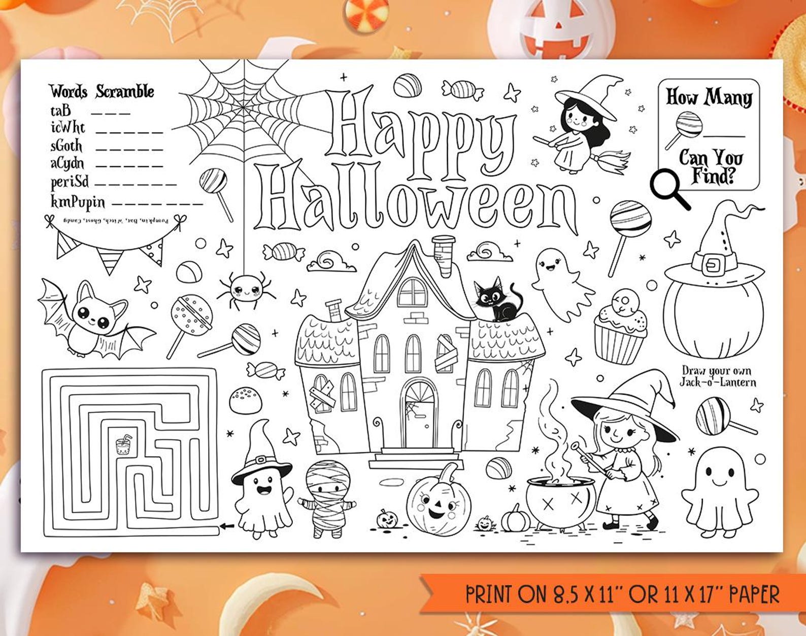 Halloween Activity Coloring Mat | Printable Kids Game Placemat | Spooky ...