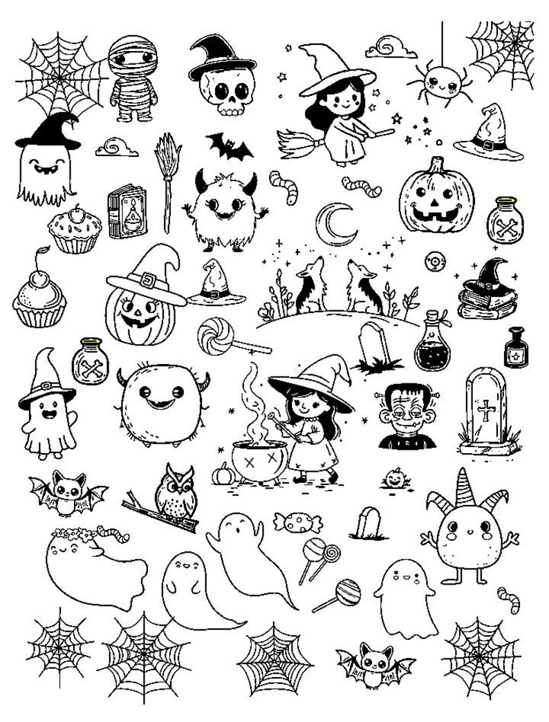 Halloween Doodle Clipart, Cute Witch SVG PNG JPG, Icon Black & White ...