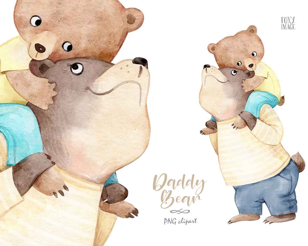 Watercolour PNG Daddy Bear, Dad and Baby Clipart, Animals Family ...