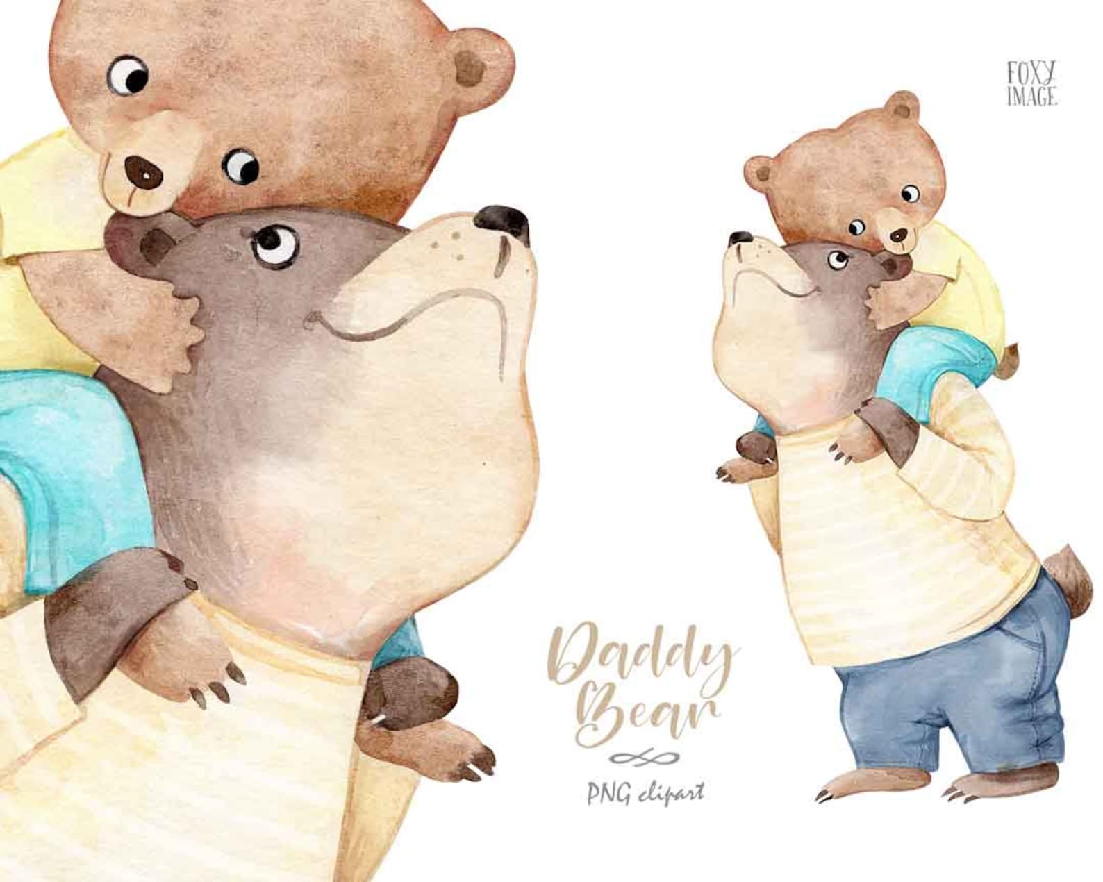 Watercolour PNG Daddy Bear, Dad and Baby Clipart, Animals Family ...