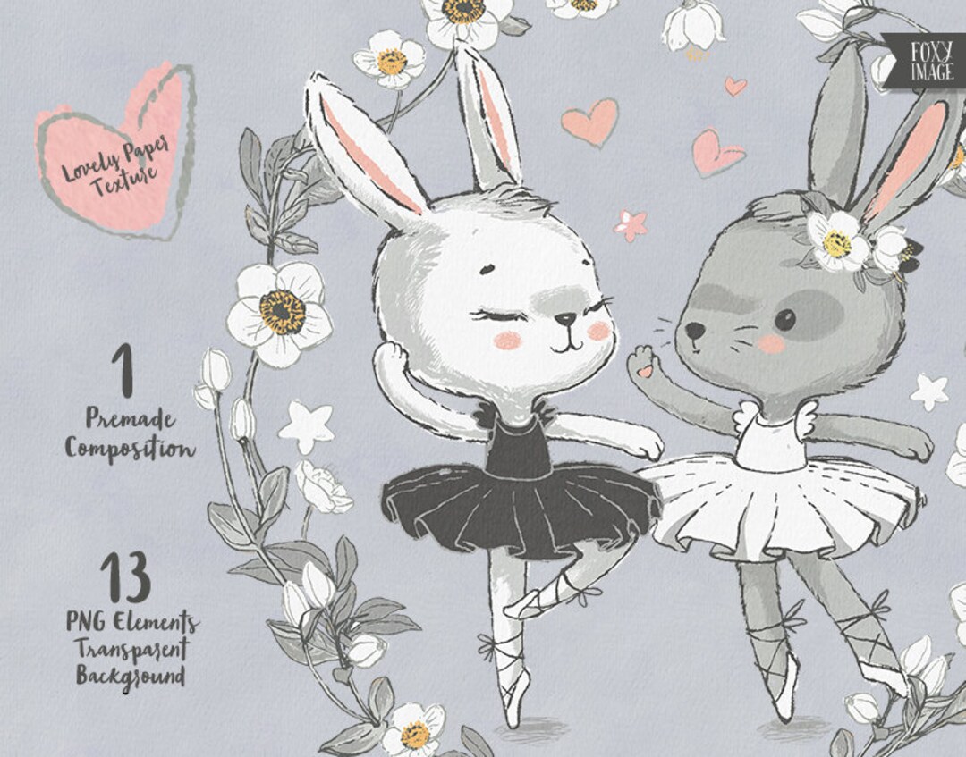 White and Grey Ballerina Rabbits, Dancing Bunny PNG Clipart, Little ...