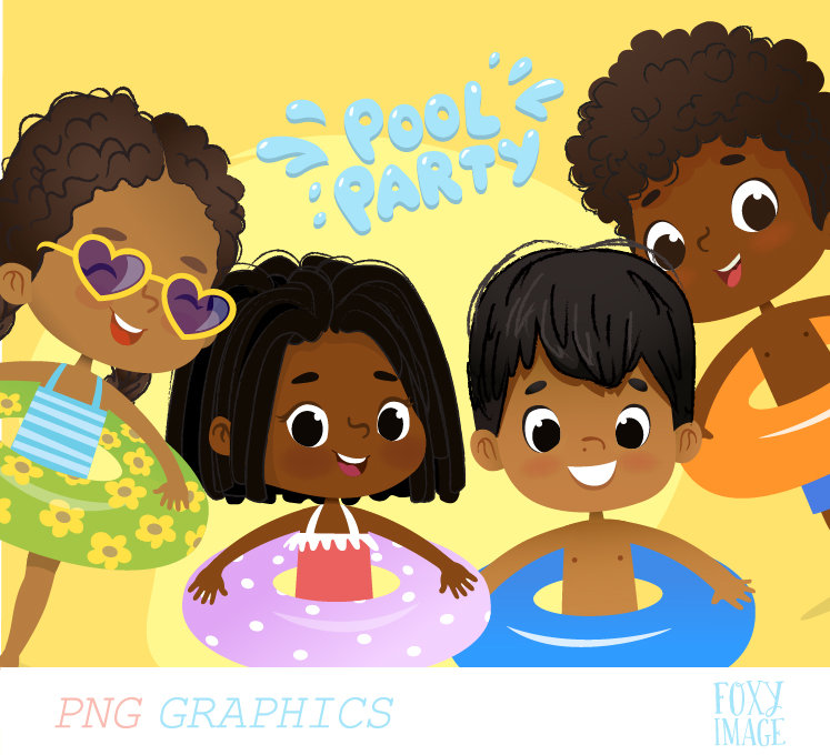 Pool Party Kids, African American Boys and Girls, Pool Party Clipart ...
