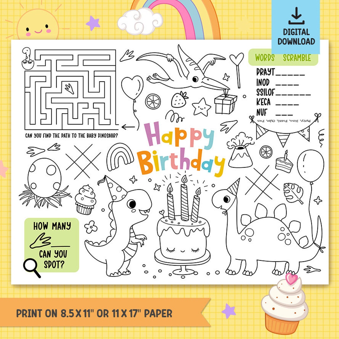 Dinosaur Party Coloring Page Placemat, PRINTABLE Dinosaur Activity Page ...