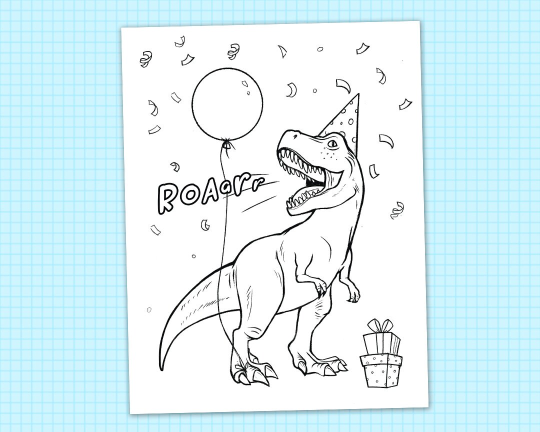 Dinosaur Party Coloring Page Trex Dinosaur Party Printable - Etsy