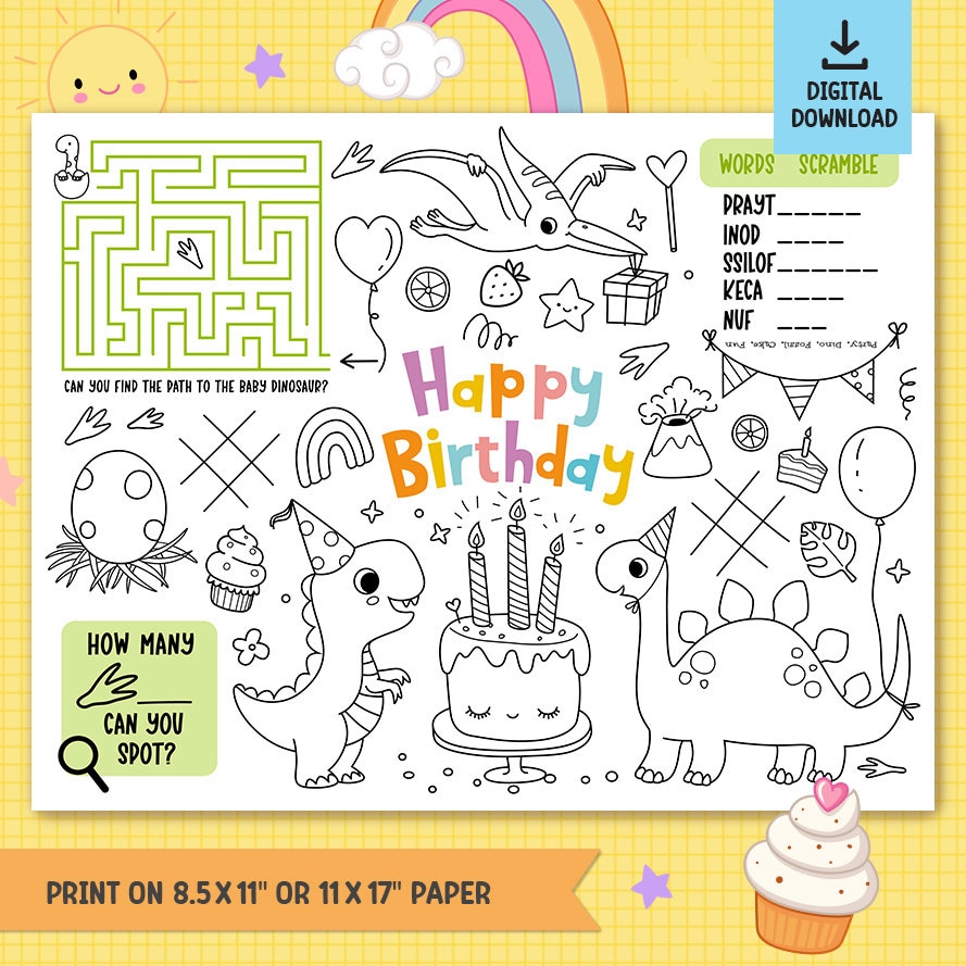 Dinosaur Party Coloring Page Placemat, PRINTABLE Dinosaur Activity Page ...