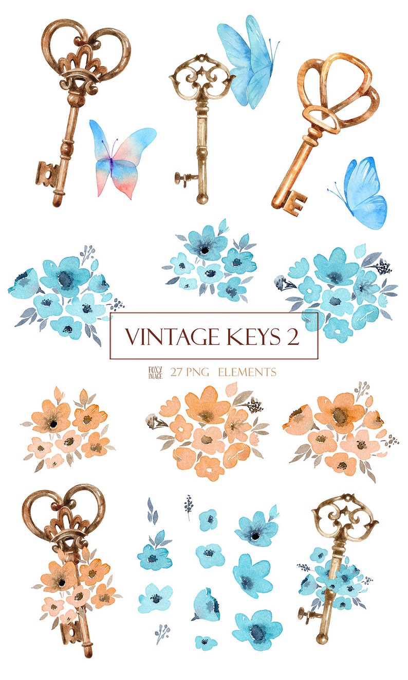 Vintage Keys Watercolour PNG Blue Flowers Old Key PNG PNG - Etsy
