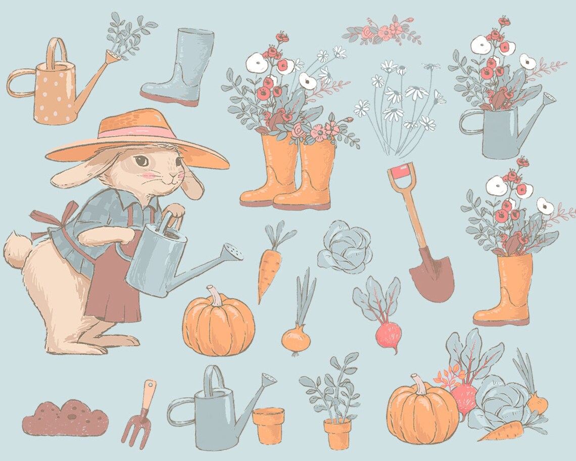 Bunny Garden Clipart PNG Rabbit Gardening PNG Clipart Farm | Etsy