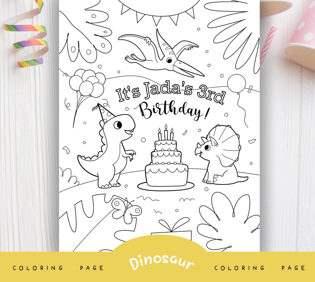 Personalized Dinosaur Party Coloring, Printable Dinosaur, Dinosaur ...