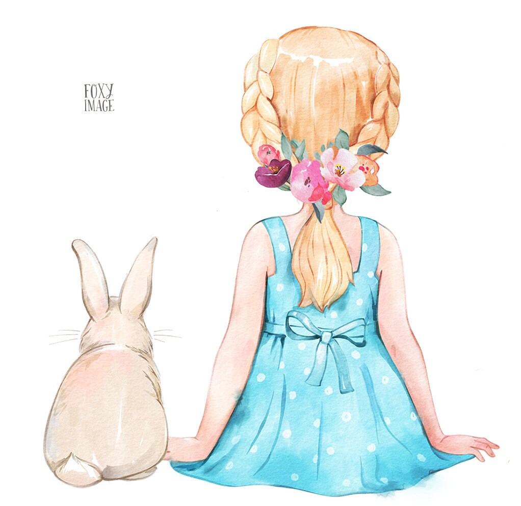 Watercolour Little Girl and Bunny Girl & Little Rabbit - Etsy