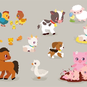 Cute Farm Animals, Clip Art Set, Barn, Cow, Horse, Pig, Rooster, Duck ...