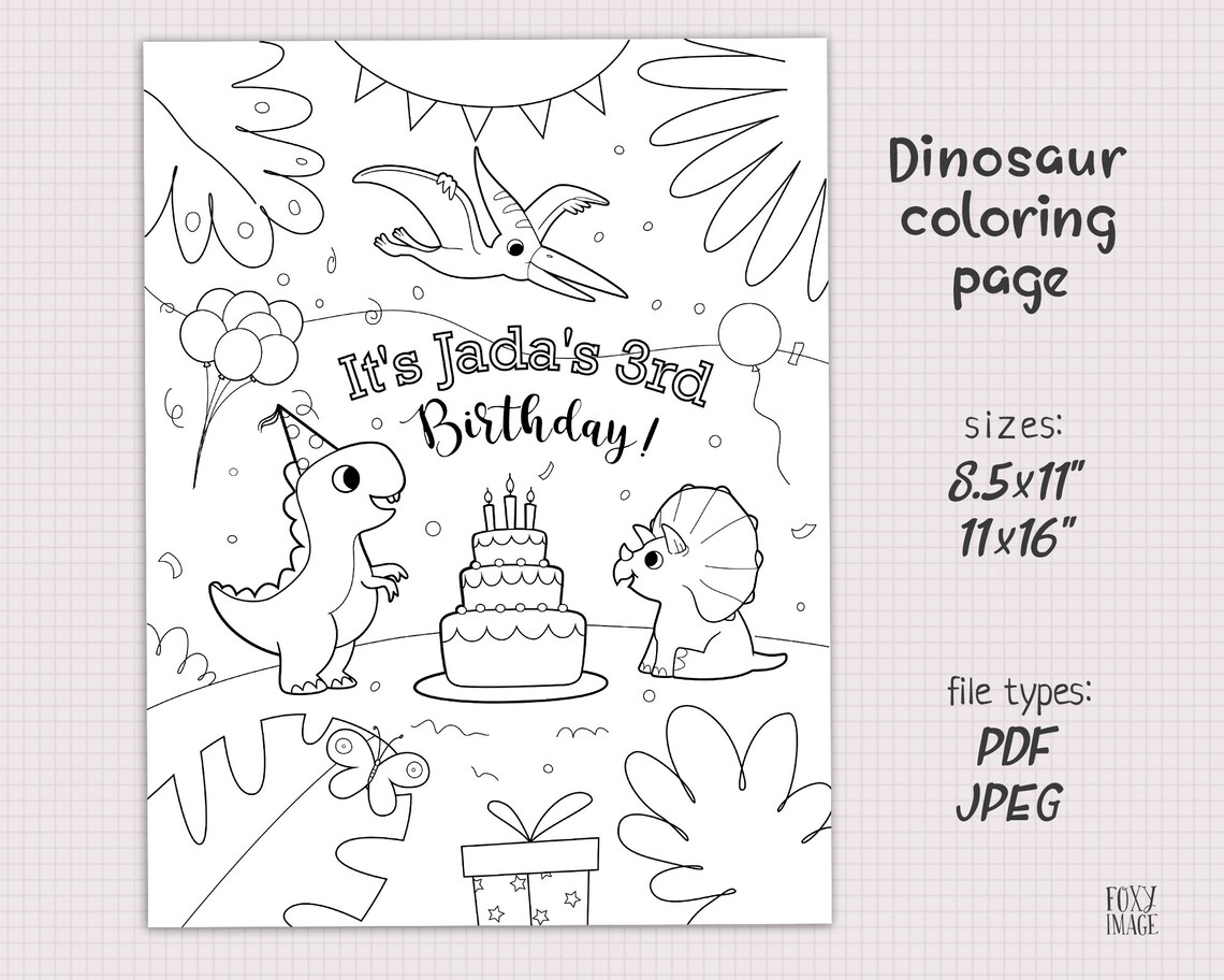 Personalized Dinosaur Party Coloring Printable Dinosaur - Etsy