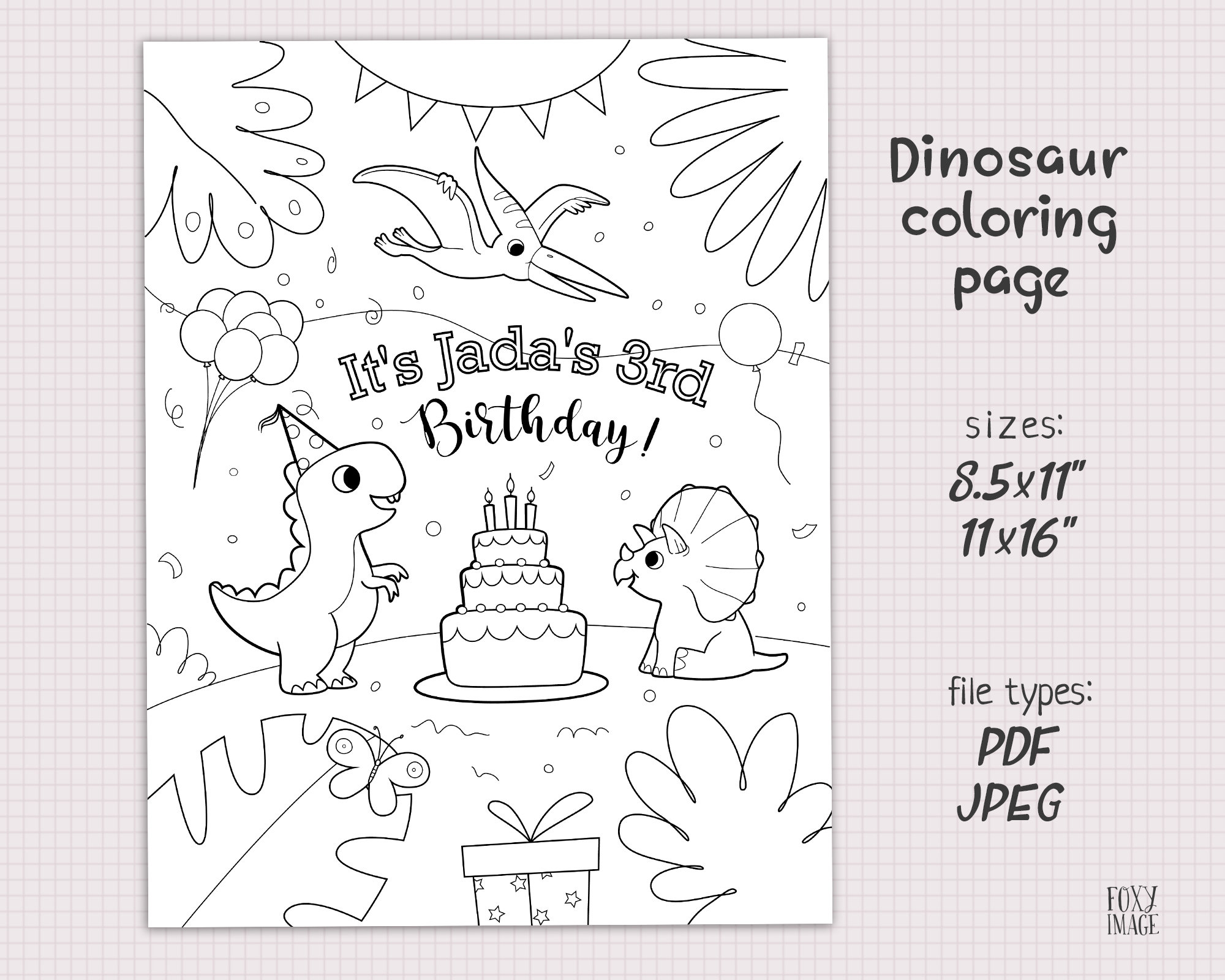 Personalized Dinosaur Party Coloring Printable Dinosaur - Etsy