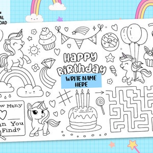 Editable Unicorn Party Coloring Page Placemat, PRINTABLE Custom ...