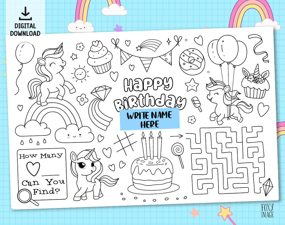 Editable Unicorn Party Coloring Page Placemat, PRINTABLE Custom ...
