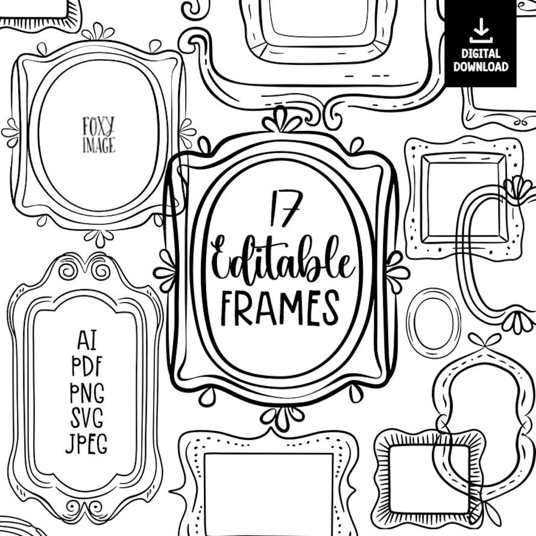 Frames Doodle Clipart, Line Frames SVG JPG, Black & White Border, Frame ...