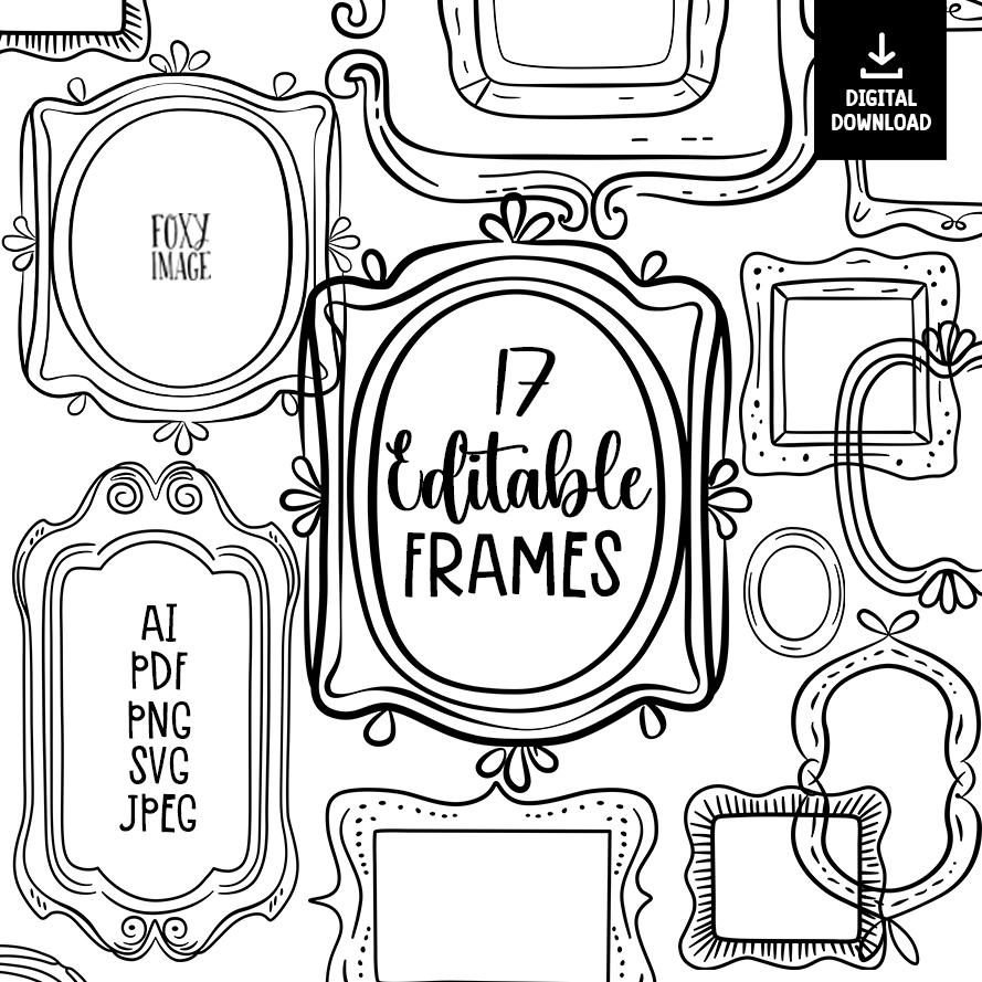 Frames Doodle Clipart, Line Frames SVG JPG, Black & White Border, Frame ...