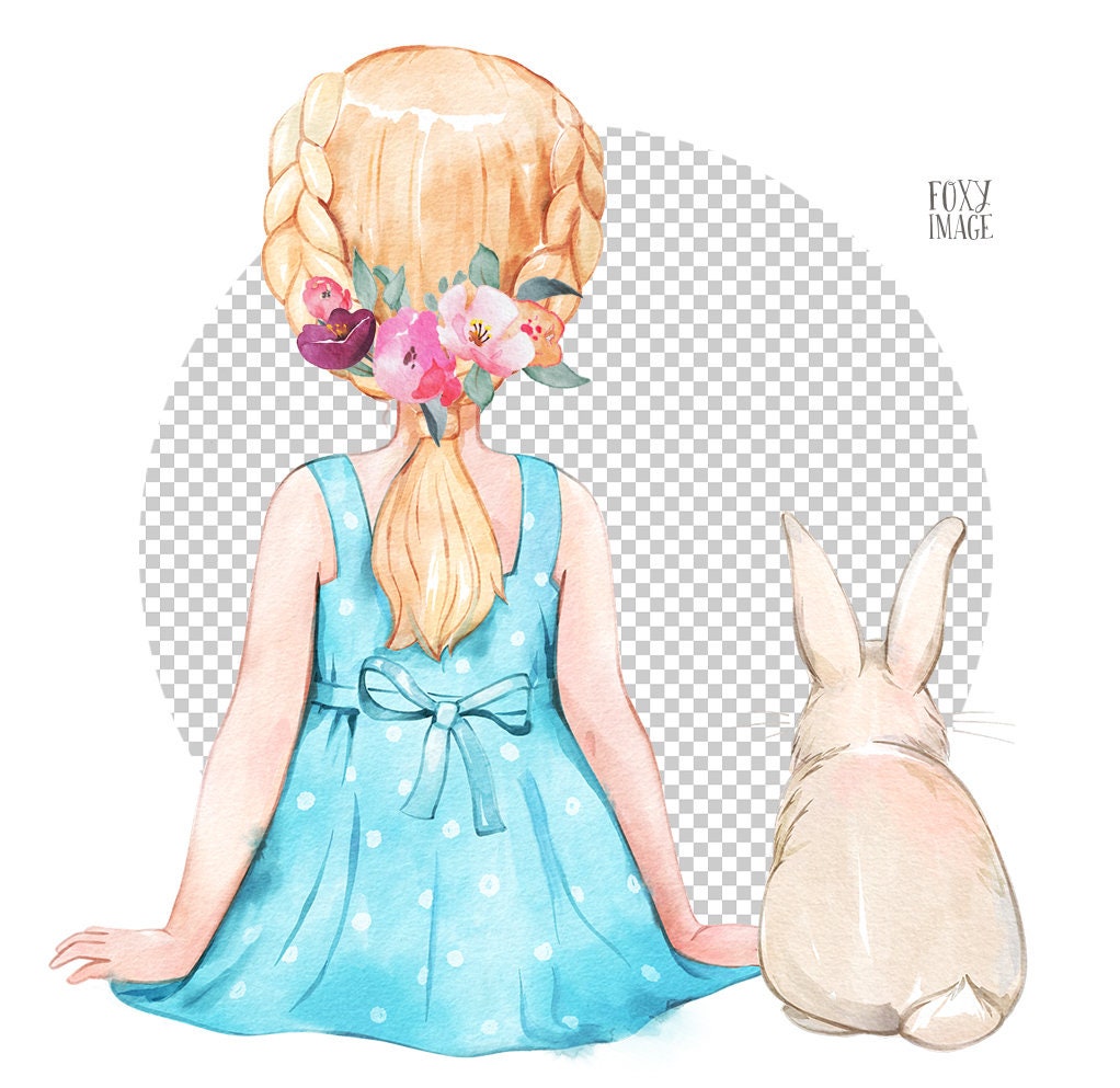 Watercolour Little Girl and Bunny, Girl & Little Rabbit, Pastel Clipart ...