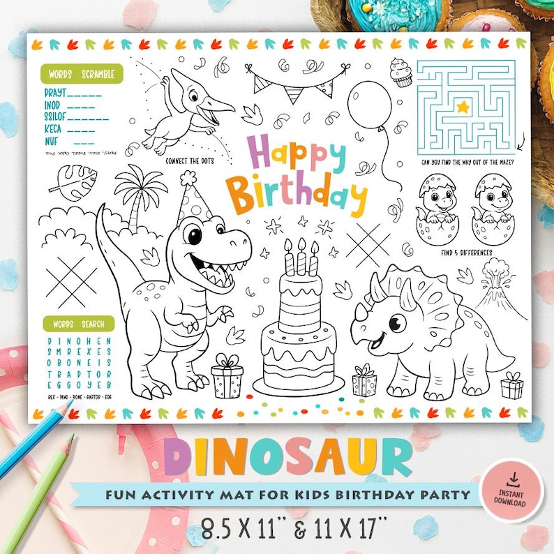 Dinosaur Birthday Coloring Placemat | Kids Party Activity Mat ...