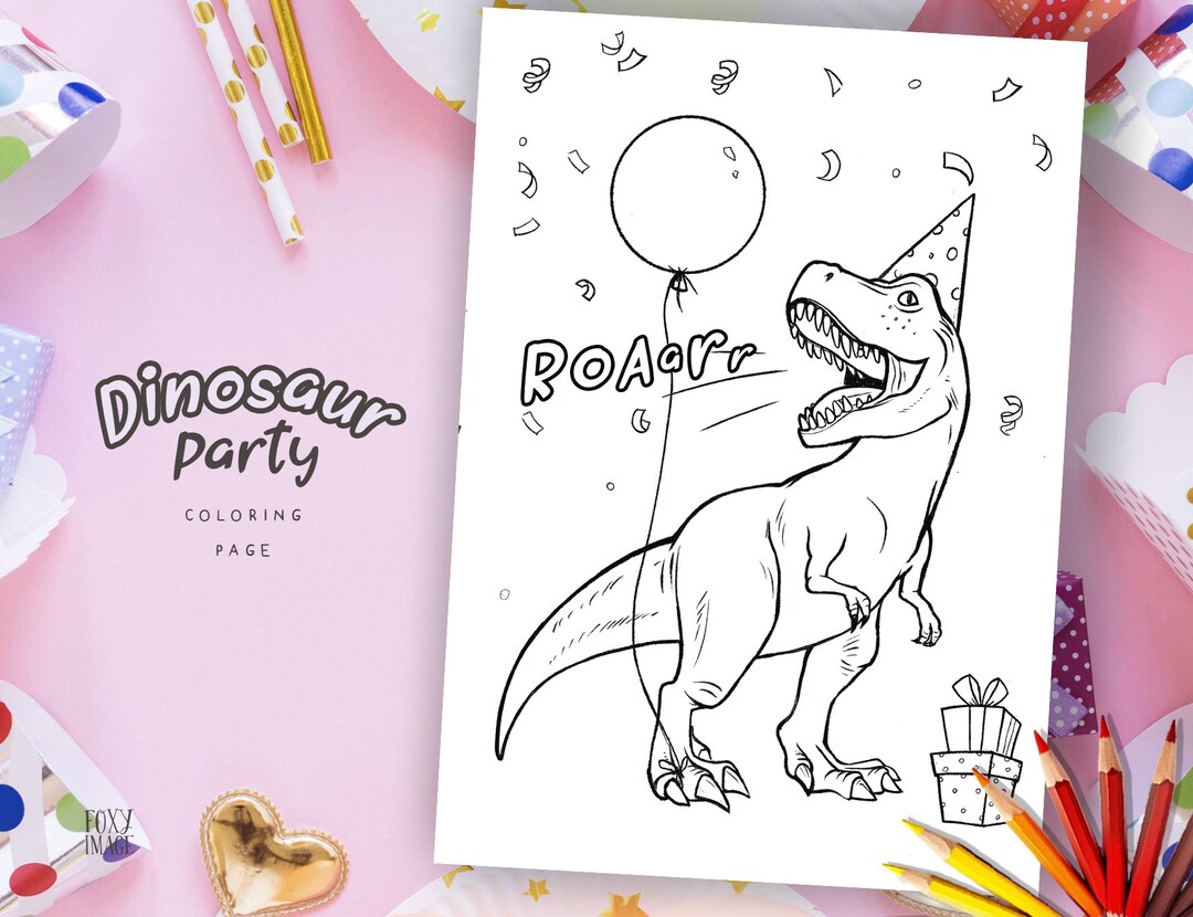 Dinosaur Party Coloring Page, Trex Dinosaur Party, Printable Dinosaur ...