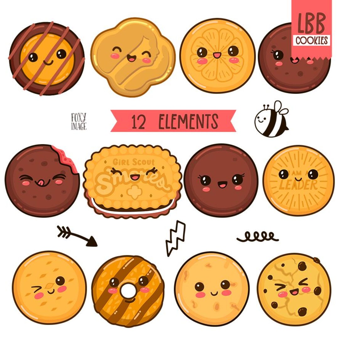 Cute Cookies Clipart, Kawaii Cookie Clipart, Scout Girl Cookie ...