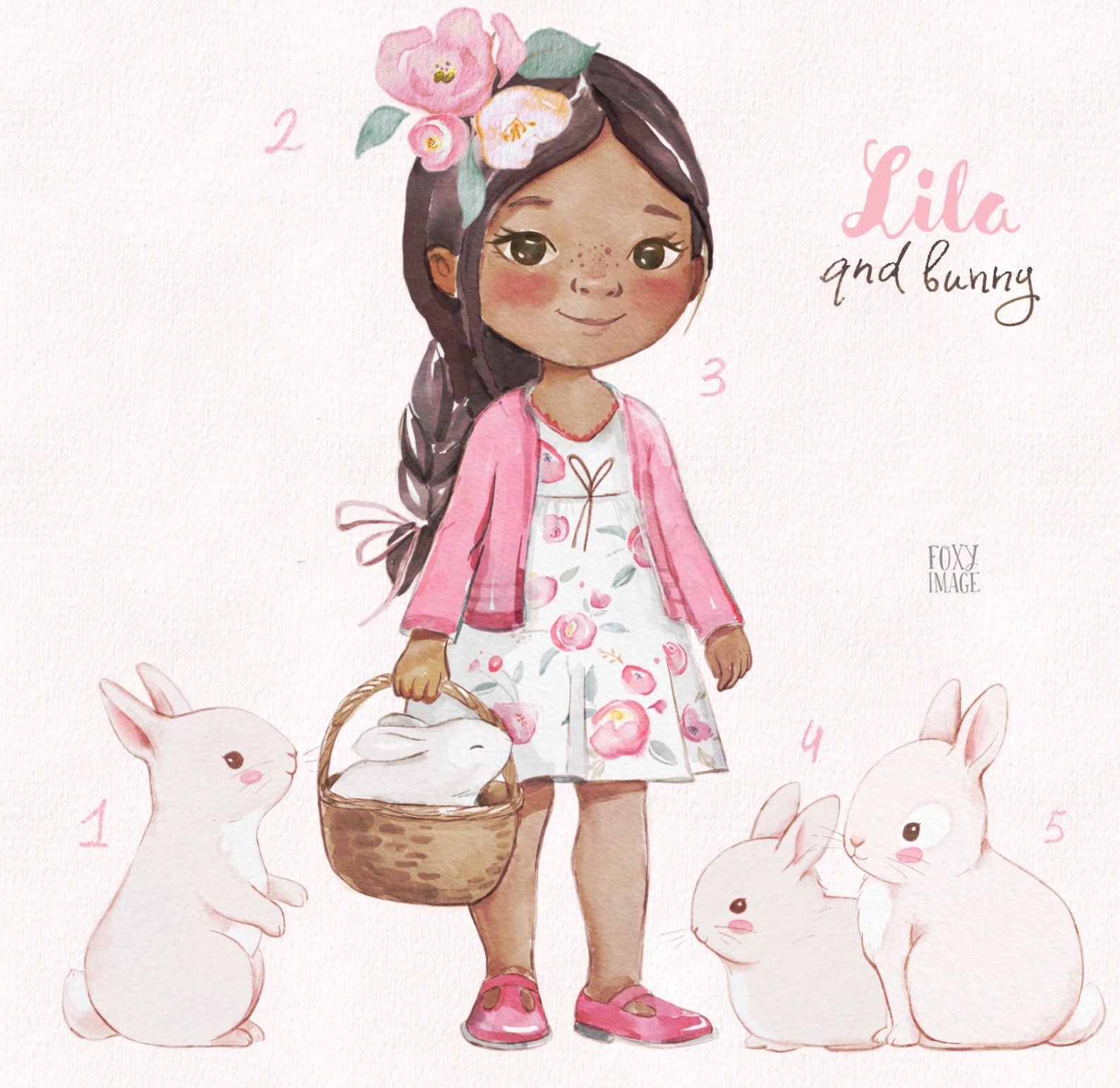 Watercolor Little Girl Lila & Bunny Watercolour Clipart - Etsy
