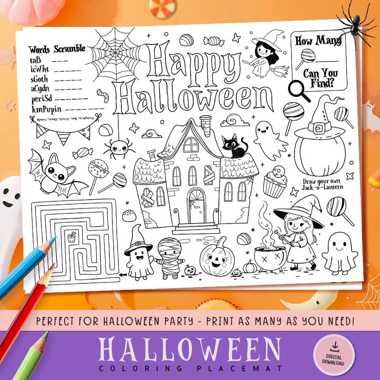 Halloween Activity Coloring Mat | Printable Kids Game Placemat | Spooky ...
