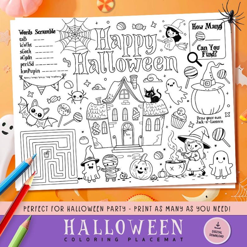 Halloween Activity Coloring Mat | Printable Kids Game Placemat | Spooky ...