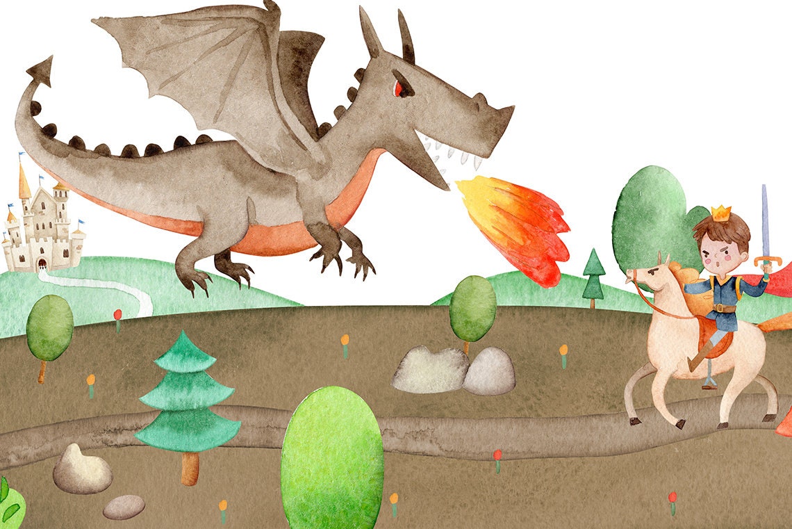 Watercolor Fairy Tale Prince Princess Dragon Scary - Etsy