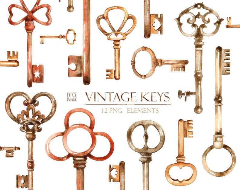 Vintage Keys, Watercolour PNG Key, Old Key PNG Clipart, PNG Key, Key ...