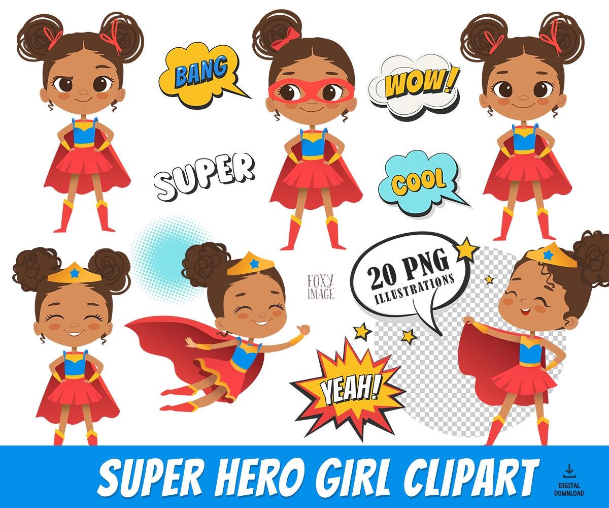 Black Superhero Girl Clipart • African American Birthday Party Decor ...