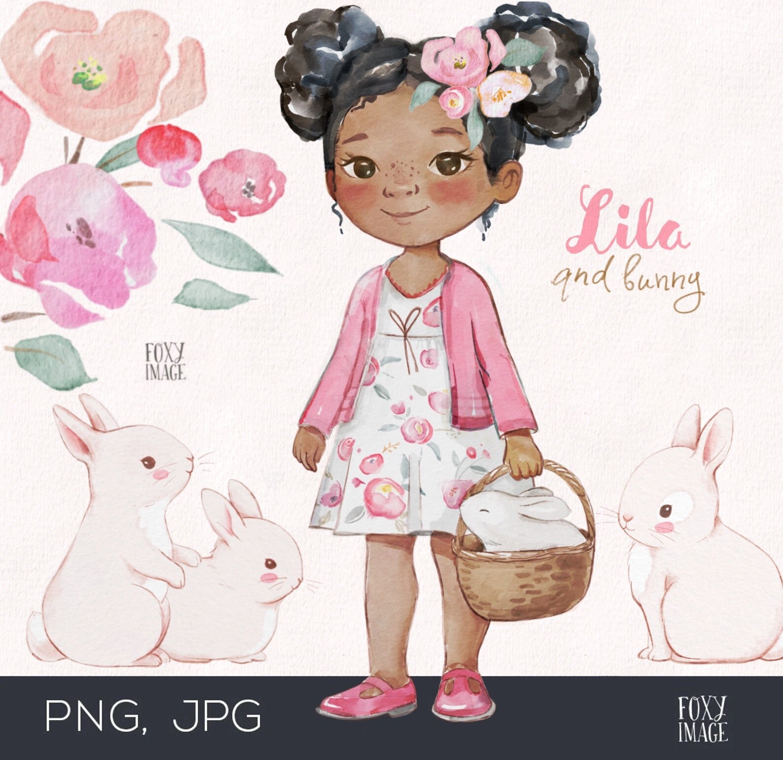 Watercolor Little Girl Lila & Bunny Watercolour Clipart - Etsy