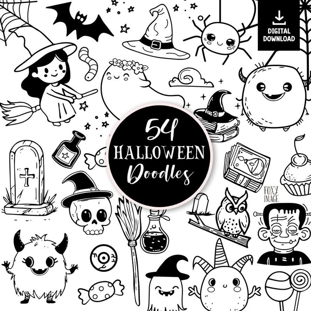 Halloween Doodle Clipart, Cute Witch SVG PNG JPG, Icon Black & White ...