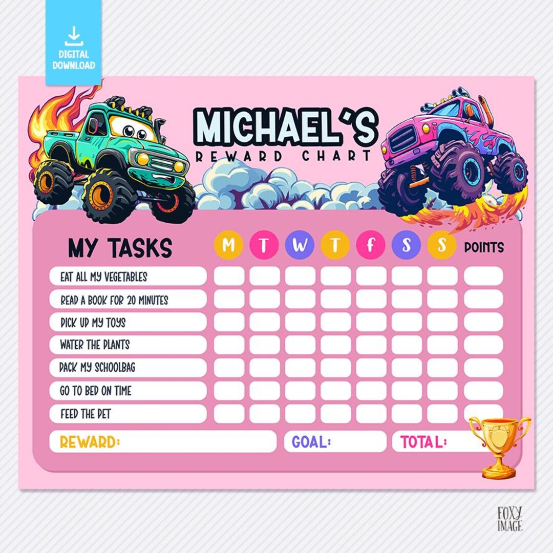 Monster Truck Reward Chart, PRINTABLE Custom Personalized Behavior ...