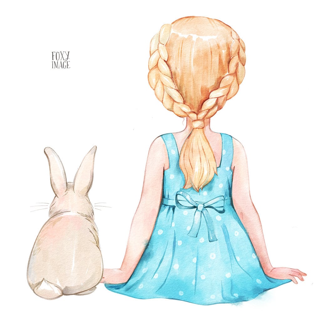 Watercolour Little Girl and Bunny Girl & Little Rabbit - Etsy