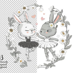 White and Grey Ballerina Rabbits, Dancing Bunny PNG Clipart, Little ...